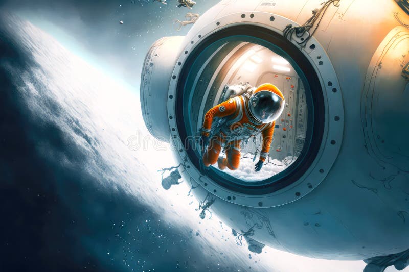 Explorer Floating Astronaut Climbing into Airlock of E Rocket Stock ...