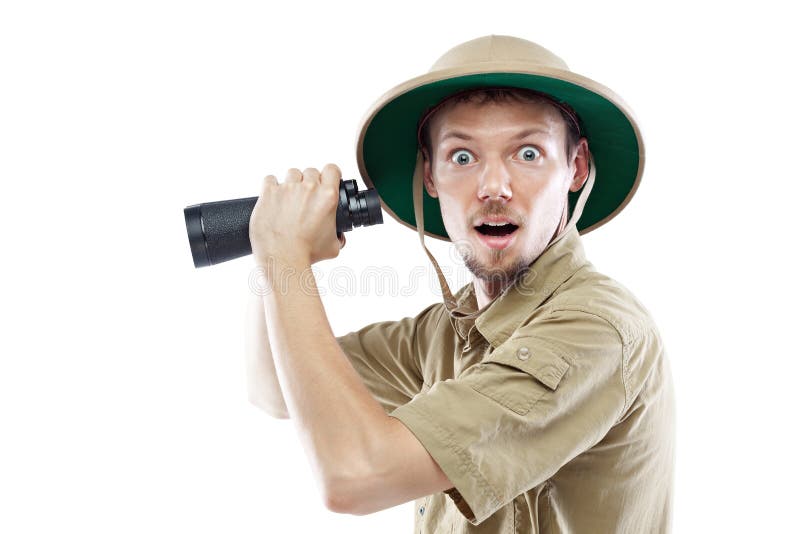 Explorer Holding Binoculars Stock Photo - Image of helmet, beige: 40034566