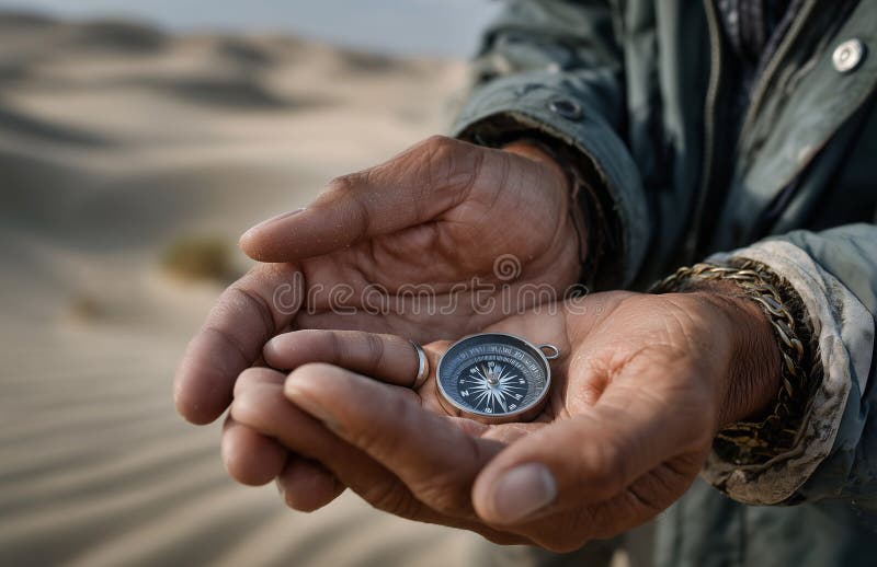 Explorer Holding Compass in Desert Seeking Direction Stock Photo ...