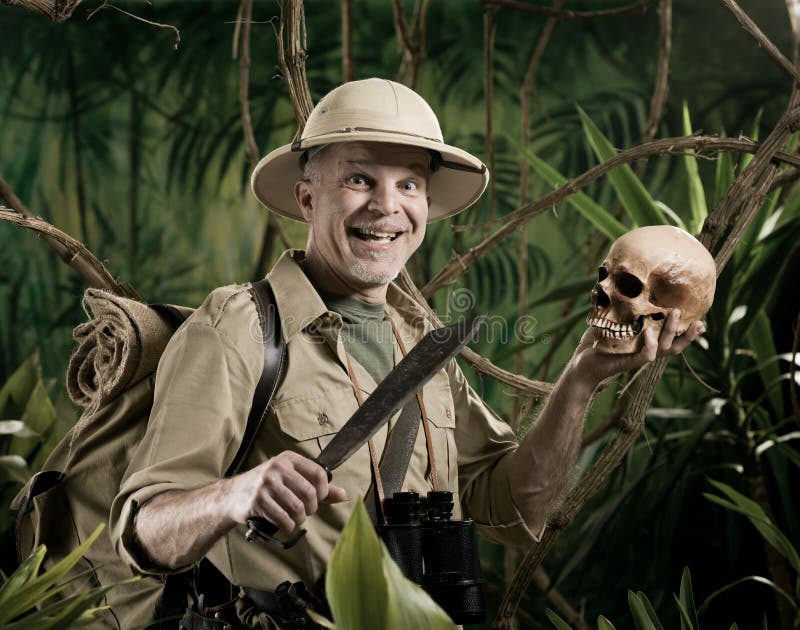 Explorer with human skull stock photo. Image of foliage - 47023262