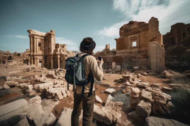 An Explorer, with a Journal and Camera, Documenting the Ruins of an ...