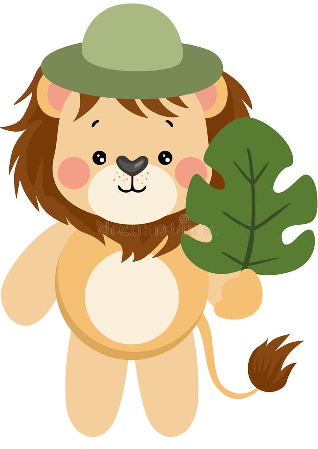 Explorer Lion with Hat Holding a Leaf Stock Vector - Illustration of ...