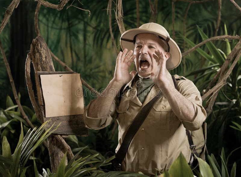 Explorer Making Announcement in the Forest Stock Photo - Image of loud ...