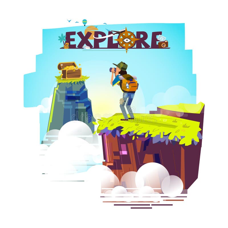 Explorer Man with Telescope. Backpacker Character Stock Illustration ...