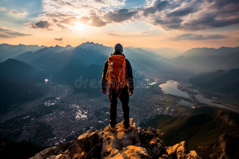 Explorer Man on Top of a Mountain Observing a Landscape Stock ...
