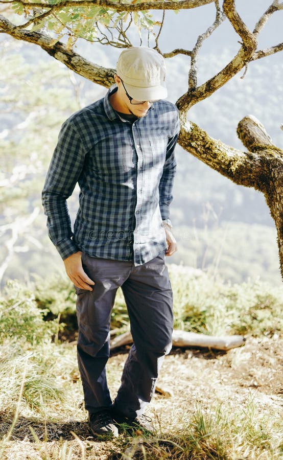 Explorer Man Walking in Pine Woods. Stock Image - Image of tourist ...