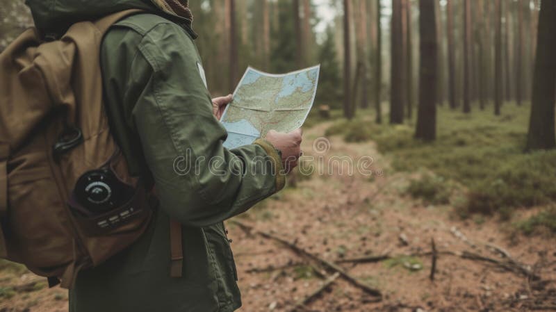 Explorer with Map in the Forest Stock Image - Image of outdoors ...