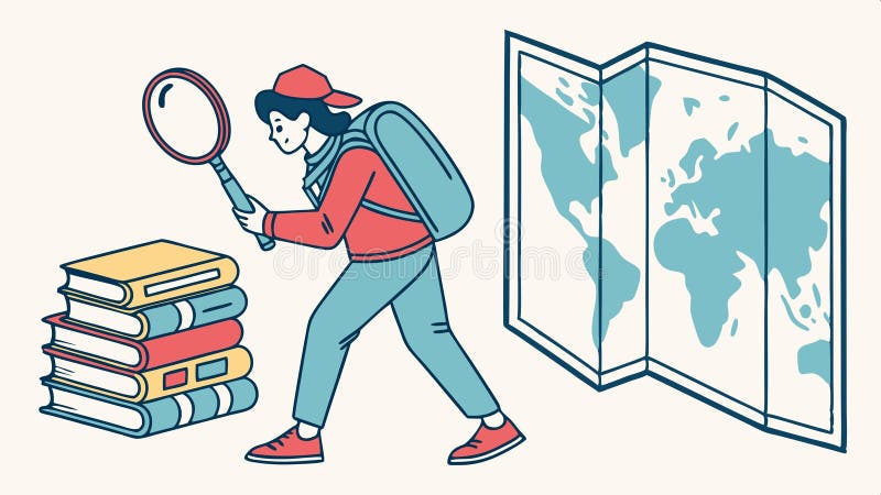 Explorer with Map and Magnifying Glass Surrounded by Books, Seeking ...