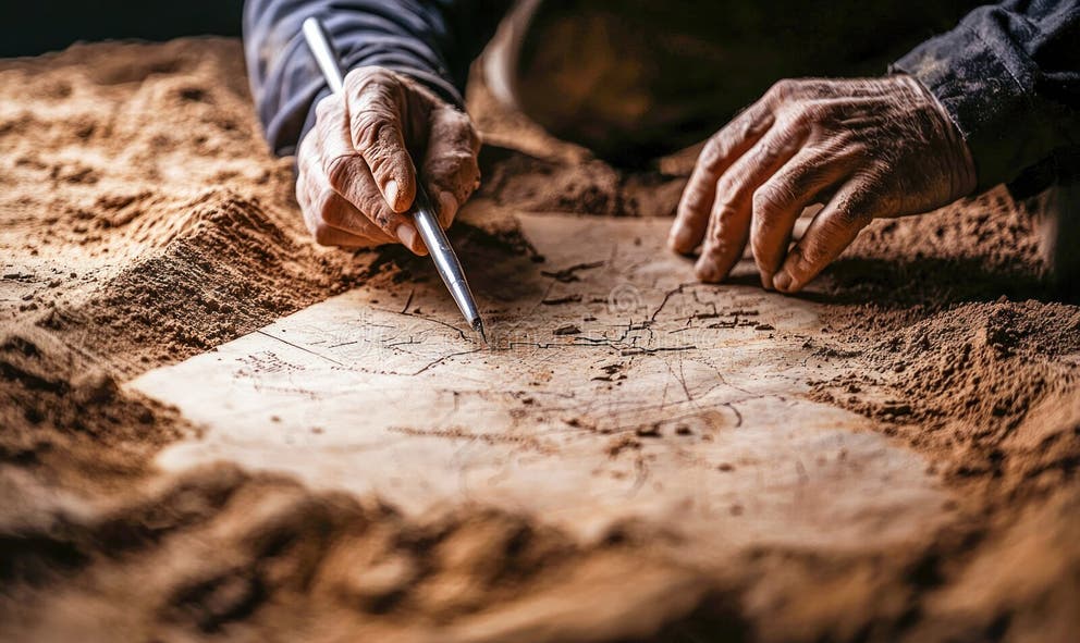 An Aged Explorer Carefully Studies an Ancient Map Amidst Sand, Adding ...