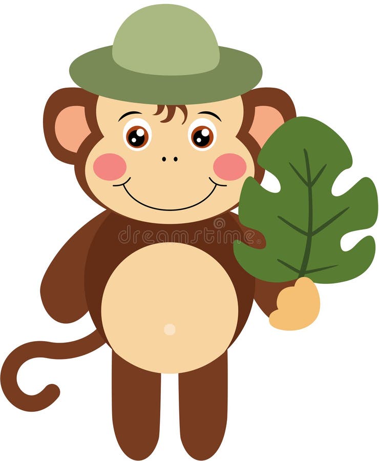 Explorer Monkey with Hat Holding a Leaf Stock Vector - Illustration of ...