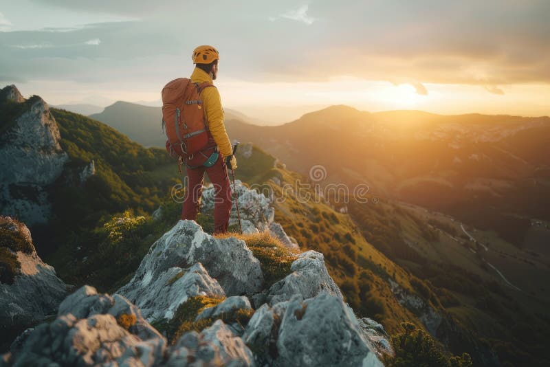 Explorer on Mountain Peak Against Breathtaking Sunrise Stock ...
