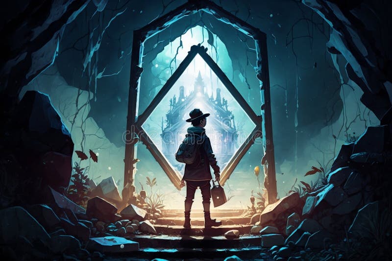 Explorer in a Mysterious Setting with Glittering Diamonds. AI Stock ...