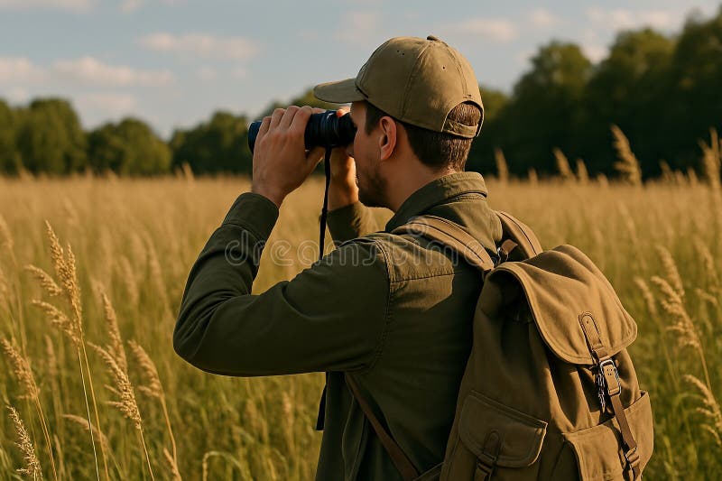 Explorer Observing Landscape with Binoculars in Tall Grass Field ...