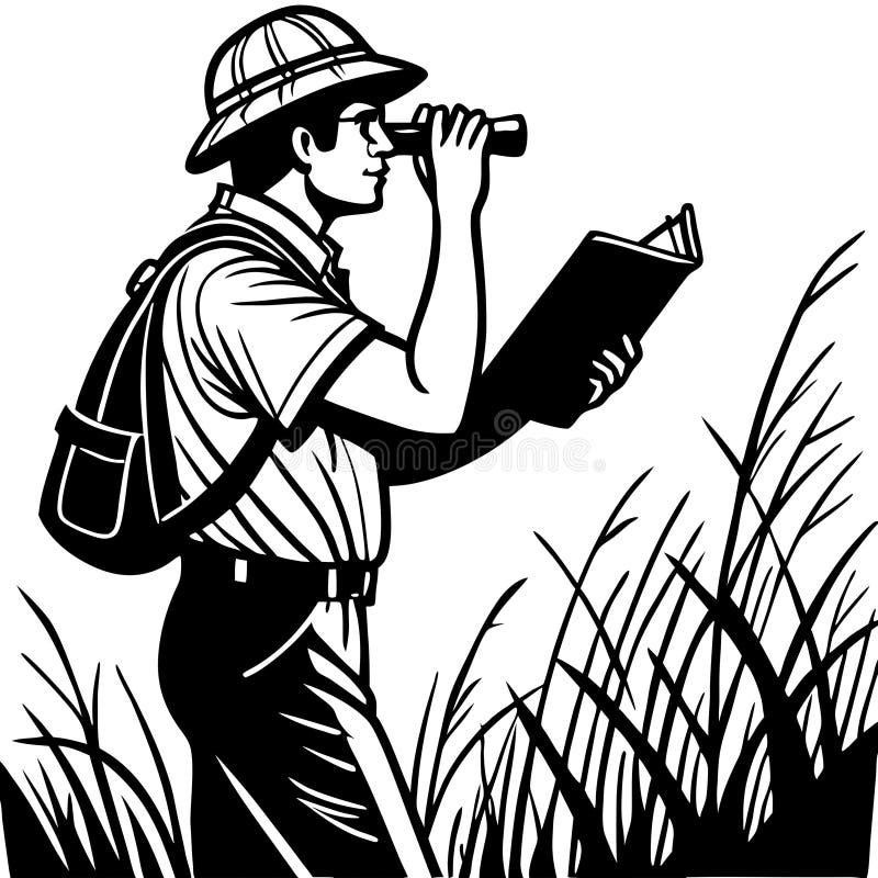 Explorer Observing Nature with Binoculars and Notebook Surrounded by ...