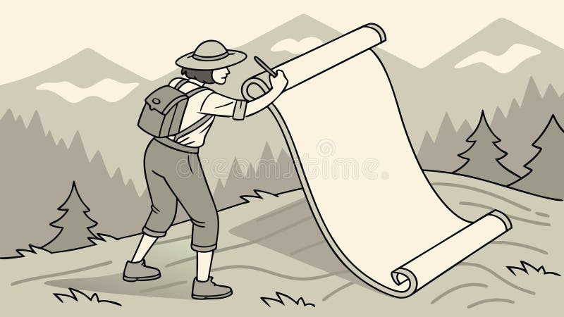 Explorer Reading a Large Map in a Mountain Landscape Vector, Vector ...