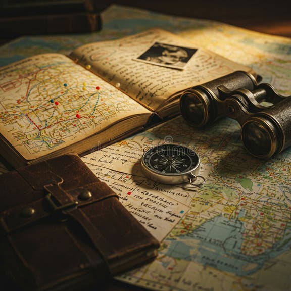 An Explorer S Desk with an Open Notebook Displaying Hand-drawn Maps and ...