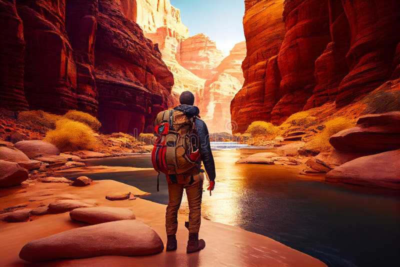 Explorer Stand in Front of High Mountain Peak with Lake Landscape ...