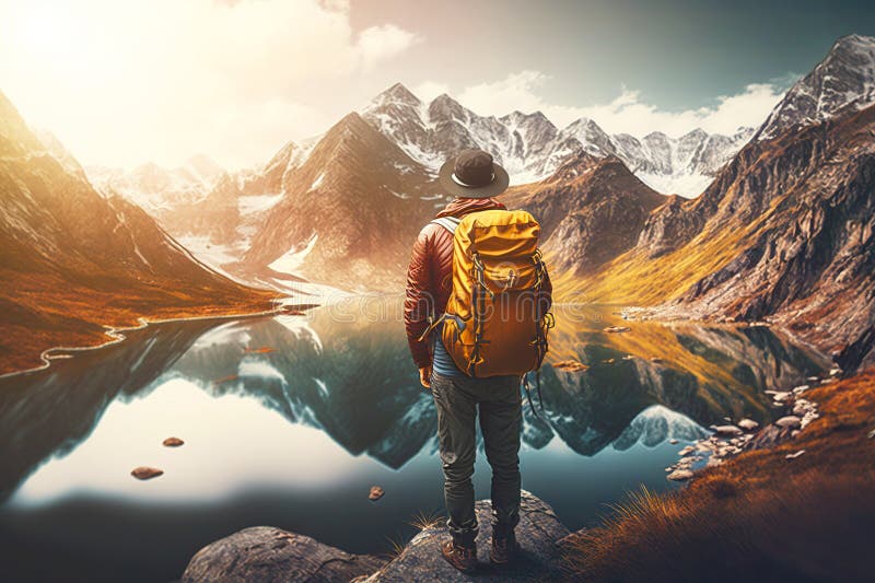 Explorer Stand in Front of High Mountain Peak with Lake Landscape ...