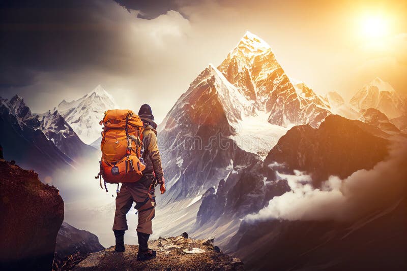 Explorer Stand in Front of High Mountain Peak Landscape. Bright Sun ...