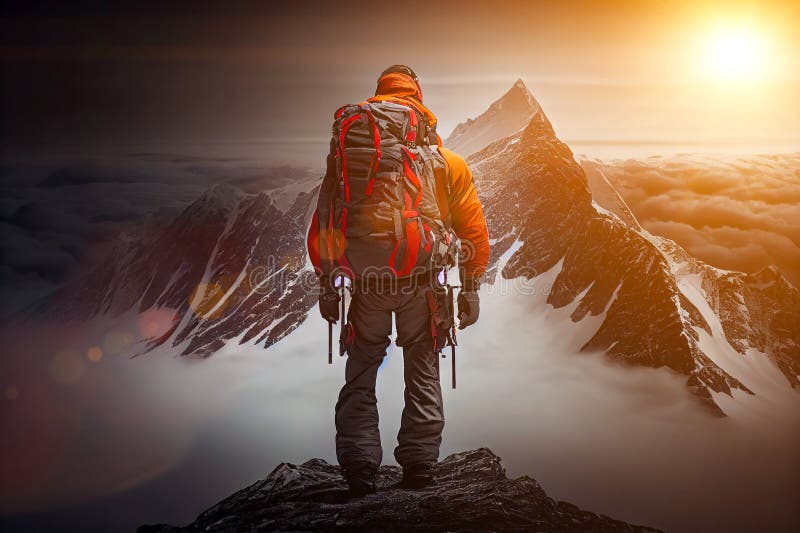 Explorer Stand in Front of High Mountain Peak Landscape. Bright Sun ...