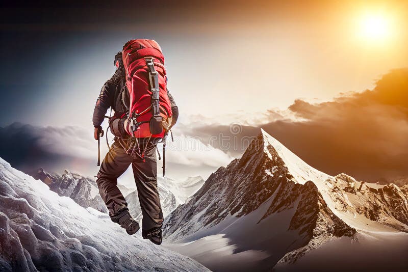 Explorer Stand in Front of High Mountain Peak Landscape. Bright Sun ...