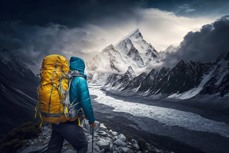 Explorer Stand in Front of High Mountain Peak Landscape. Generative AI ...