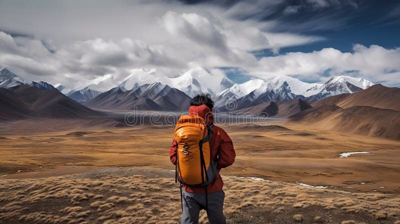 Explorer Stand in Front of High Mountain Peak Landscape. Generative AI ...