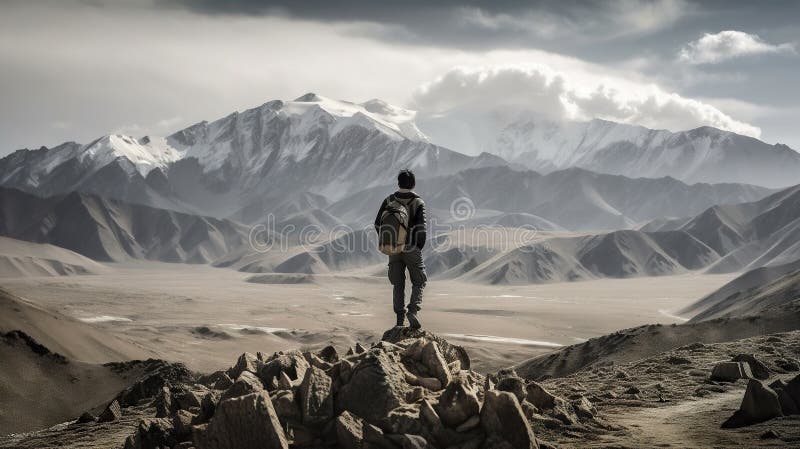 Explorer Stand in Front of High Mountain Peak Landscape. Generative AI ...