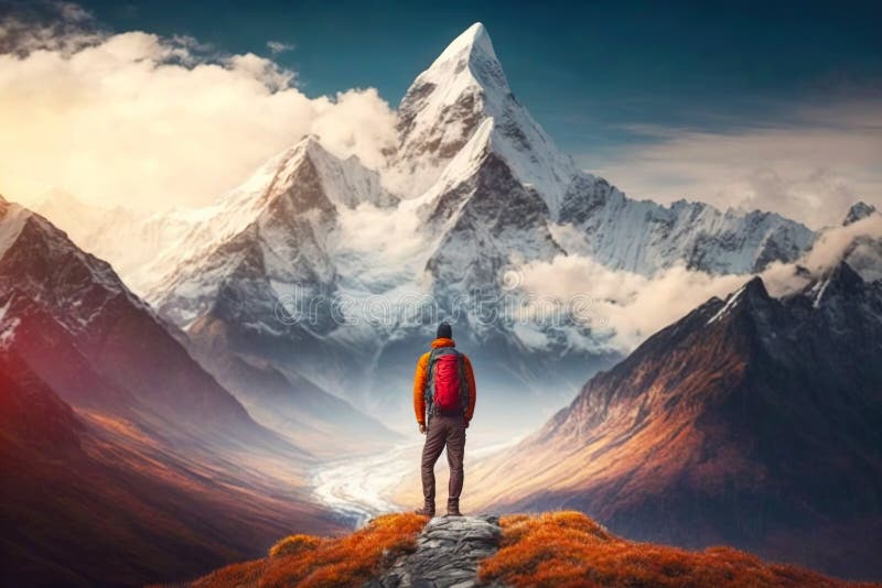 Explorer Stand in Front of High Mountain Peak Landscape. Generative AI ...