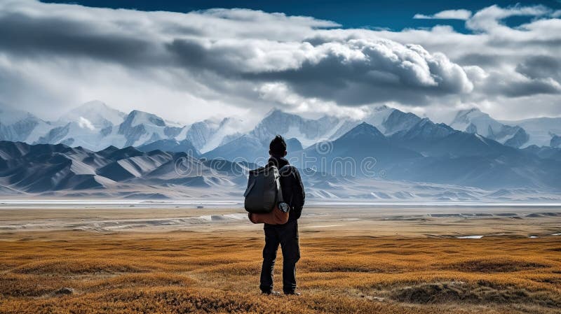 Explorer Stand in Front of High Mountain Peak Landscape. Generative AI ...
