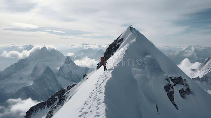 Explorer Stand in Front of High Mountain Peak Winter Snowy Landscape ...