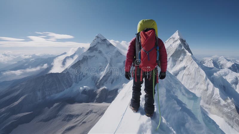 Explorer Stand in Front of High Mountain Peak Winter Snowy Landscape ...