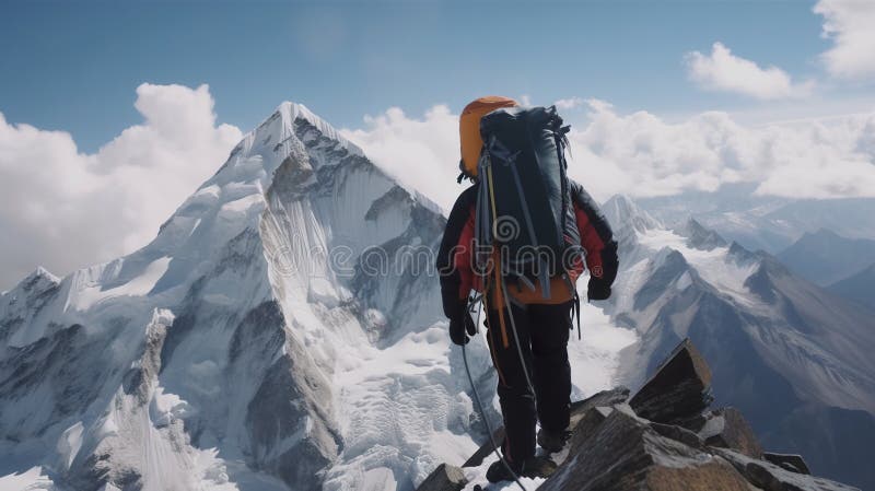 Explorer Stand in Front of High Mountain Peak Winter Snowy Landscape ...