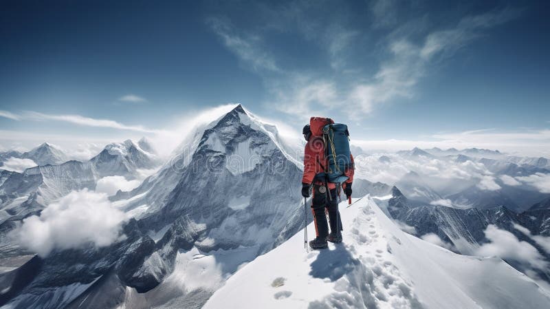 Explorer Stand in Front of High Mountain Peak Winter Snowy Landscape ...