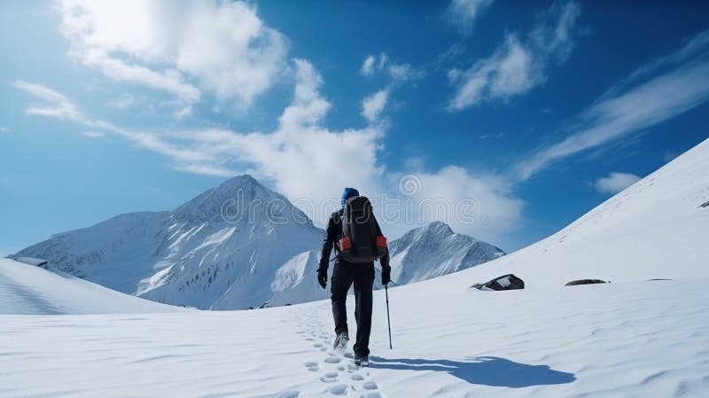 Explorer Stand in Front of High Mountain Peak Winter Snowy Landscape ...