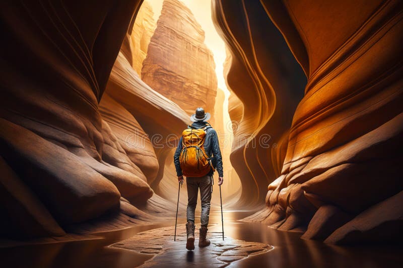 Explorer Stand in Sandstone Canyon. Generative AI Stock Image - Image ...