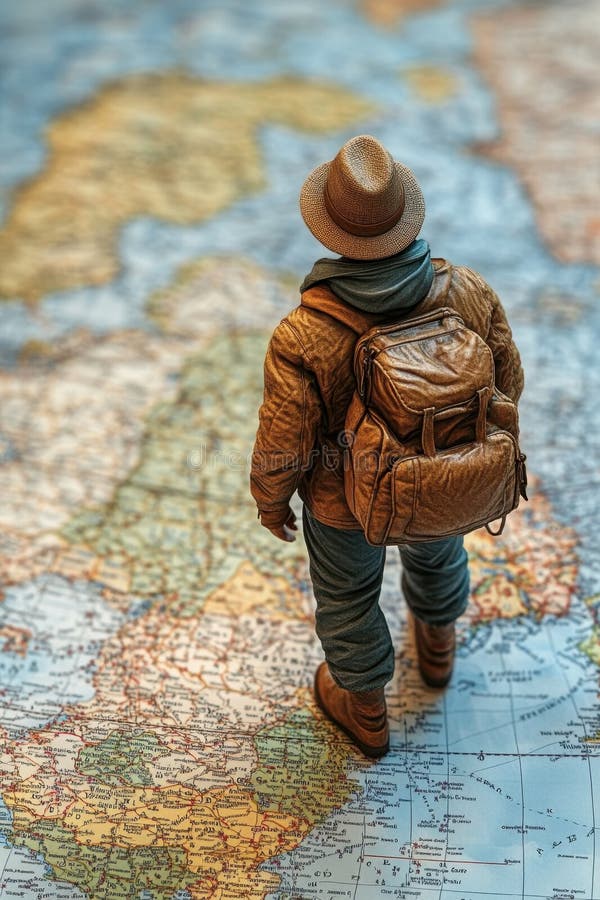 Explorer Standing on a Map, Prepared for a Journey through Undiscovered ...