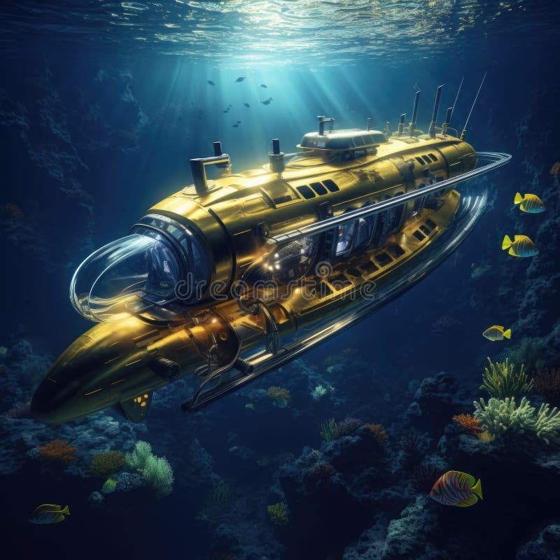 Explorer Sub Marine in Deep Ocean Stock Illustration - Illustration of ...