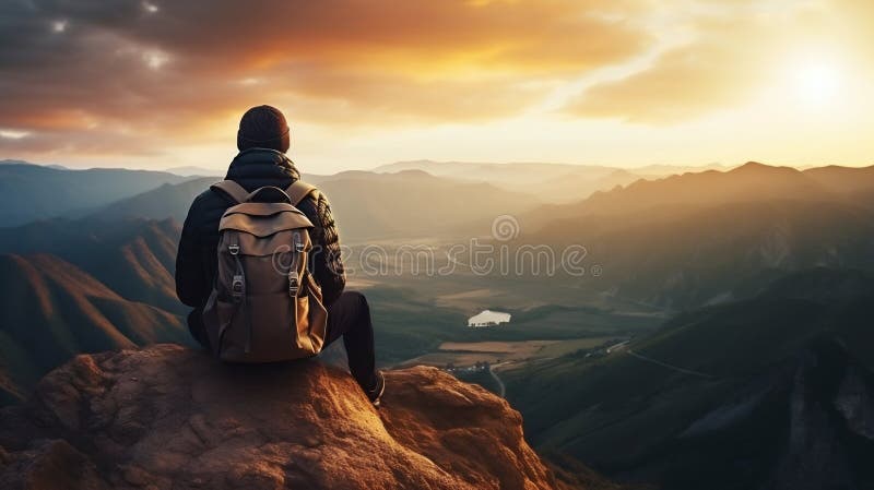 Explorer at the Summit: Overlooking Vast Mountain Ranges. Generative Ai ...