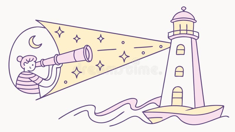 Explorer with Telescope by Lighthouse Under Starry Sky, Vector Design ...