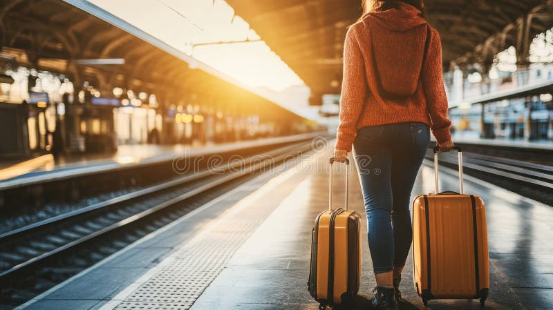 Explorer at Train Station Anticipating Next Journey with Suitcase Ready ...