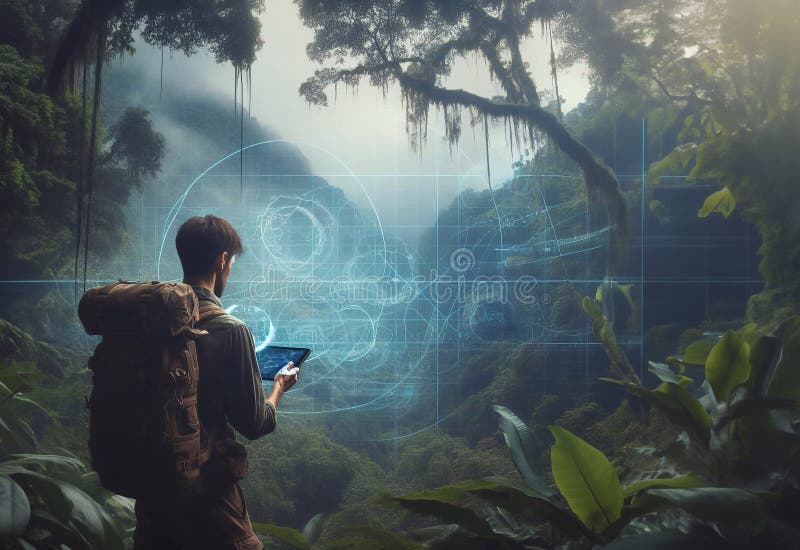 Explorer Using Tablet with Hologram Graphics on Large Tropical Forest ...