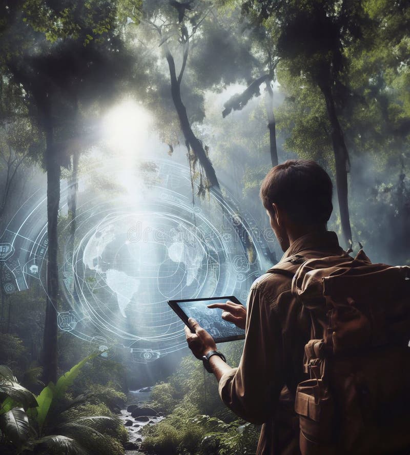 Explorer Using Tablet with Hologram Graphics on Large Tropical Forest ...