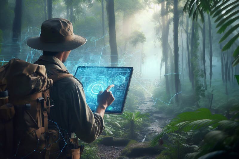 Explorer Using Tablet with Hologram Graphics on Large Tropical Forest ...