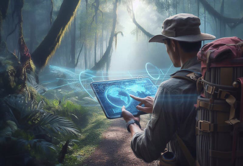 Explorer Using Tablet with Hologram Graphics on Large Tropical Forest ...