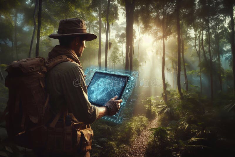 Explorer Using Tablet with Hologram Graphics on Large Tropical Forest ...