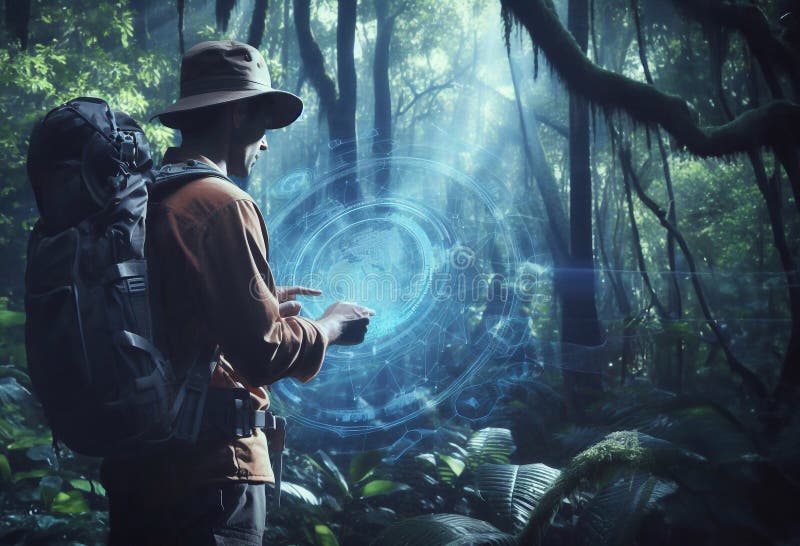 Explorer Using Tablet with Hologram Graphics on Large Tropical Forest ...