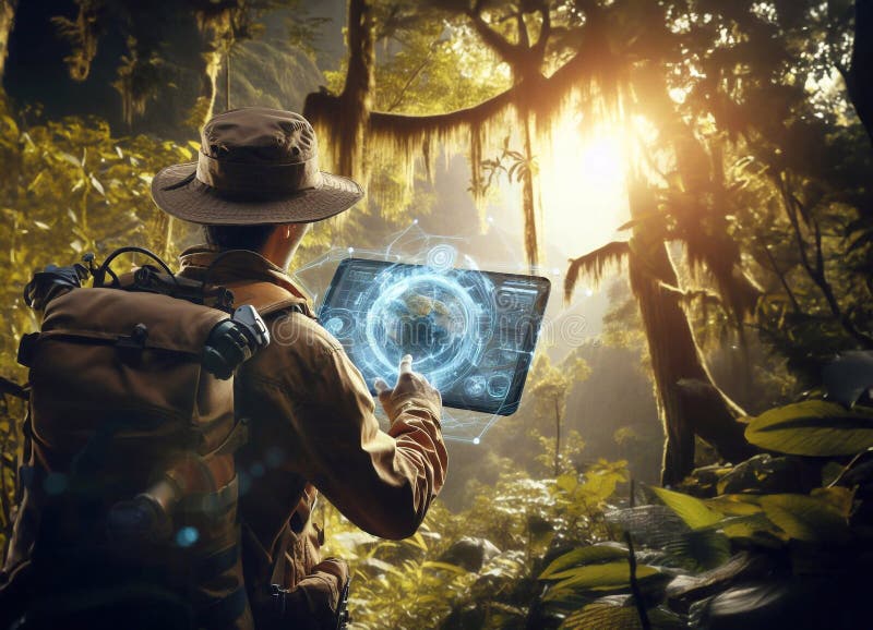 Explorer Using Tablet with Hologram Graphics on Large Tropical Forest ...