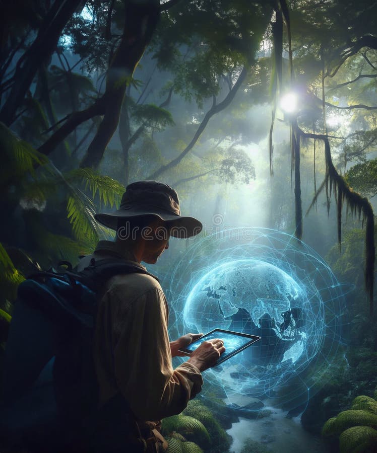 Explorer Using Tablet with Hologram Graphics on Large Tropical Forest ...