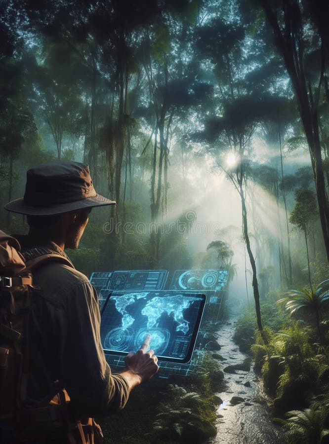 Explorer Using Tablet with Hologram Graphics on Large Tropical Forest ...